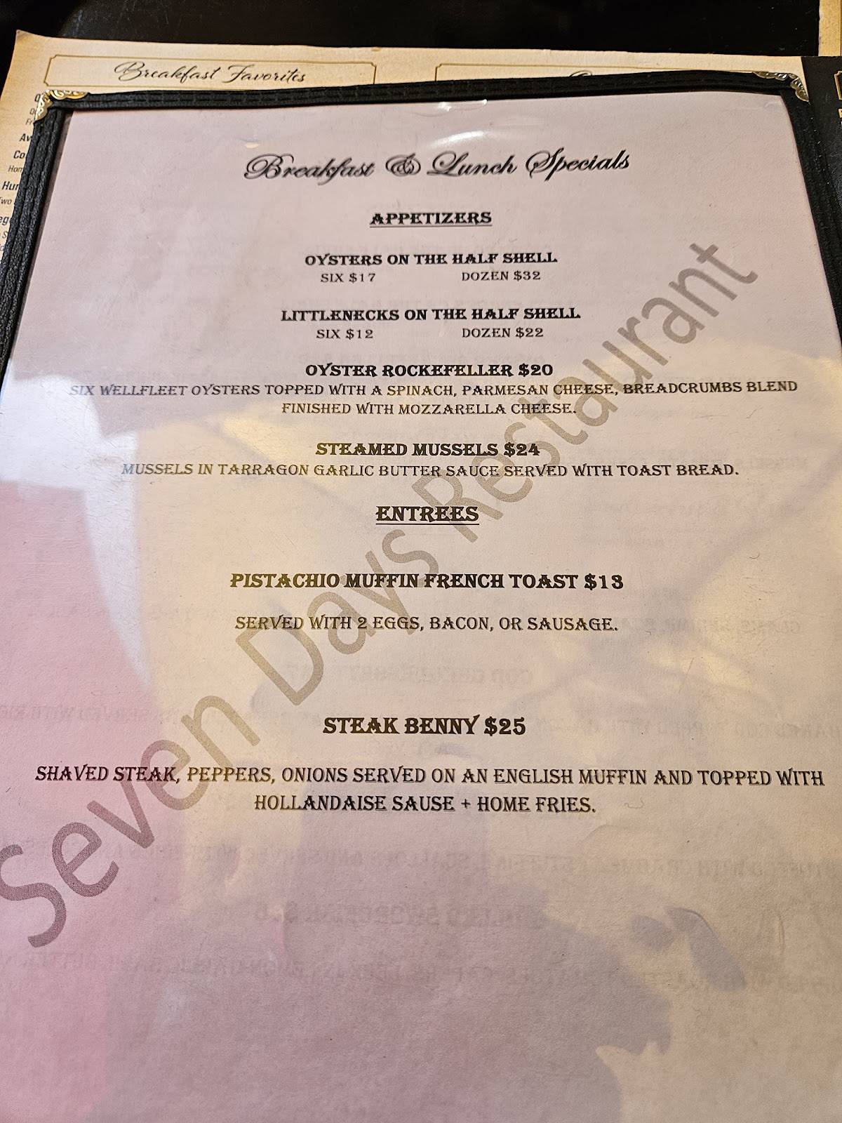 Menu at Seven Days Restaurant, Dennis