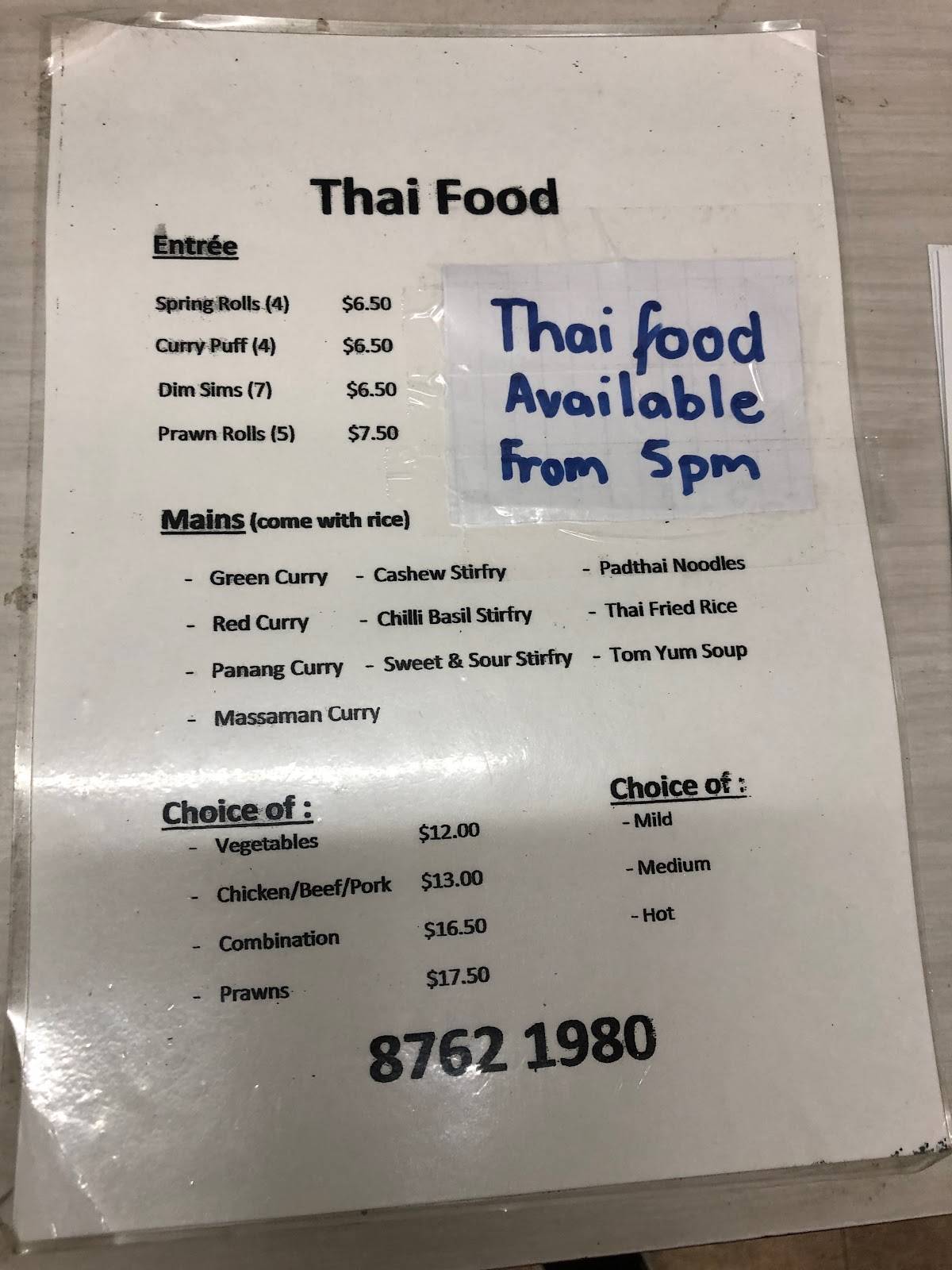 Menu at Showgrounds Cafe, Naracoorte