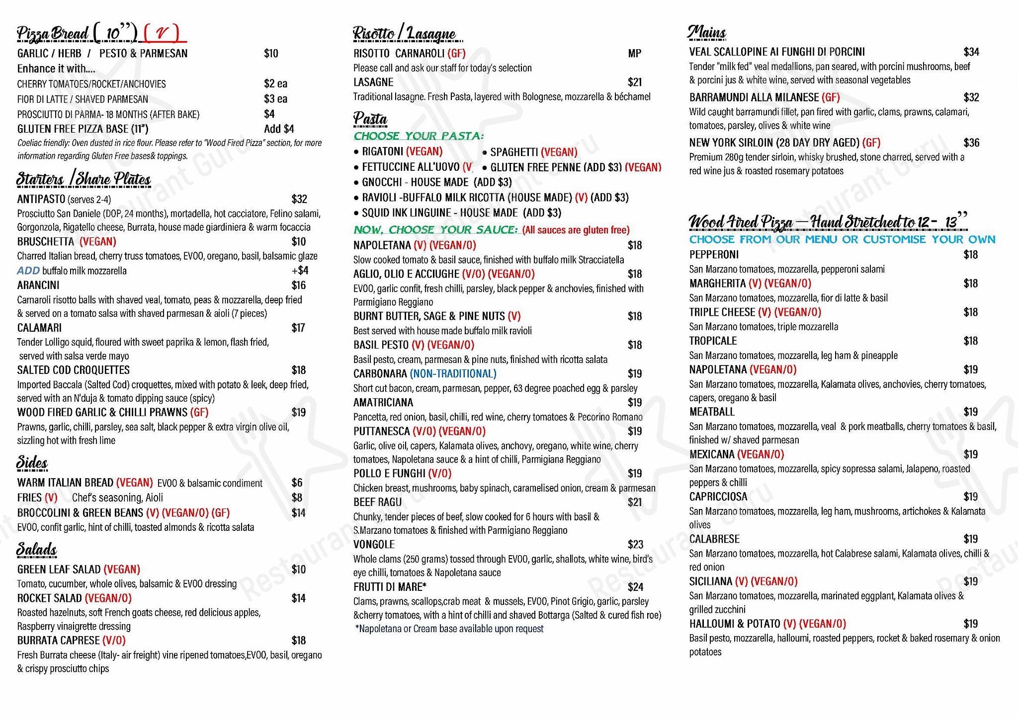 Menu at SoLita Pizzeria, Restaurant & Bar, Canberra