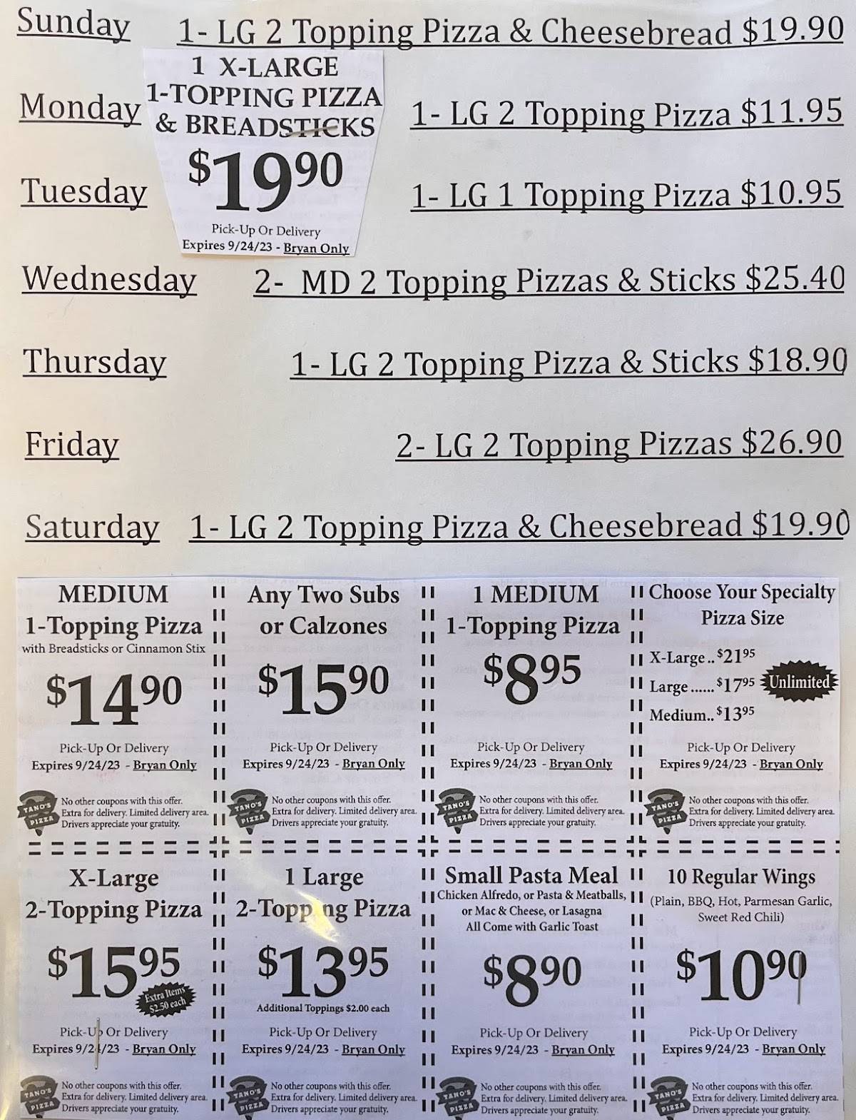Menu at Tano's Pizza Bryan Ohio Gerhart’s LLC pizzeria, Bryan
