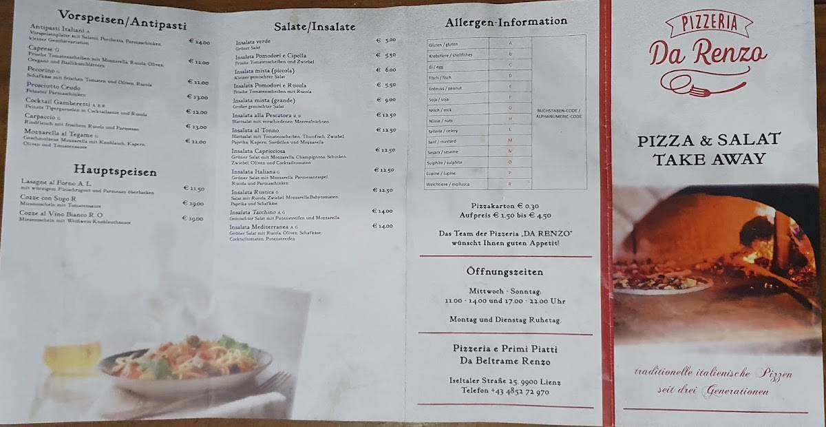 Speisekarte von Pizzeria e Primi Piatti Da Beltrame Renzo 1, Lienz