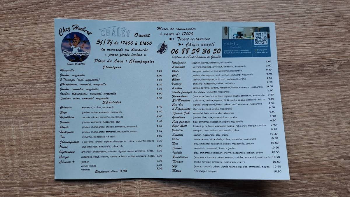 Menu au Pizzeria du Laca, Champagnier