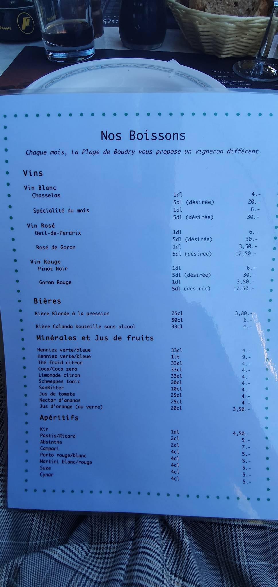 Menu au La plage de Boudry, Boudry, Rte du Lac 20