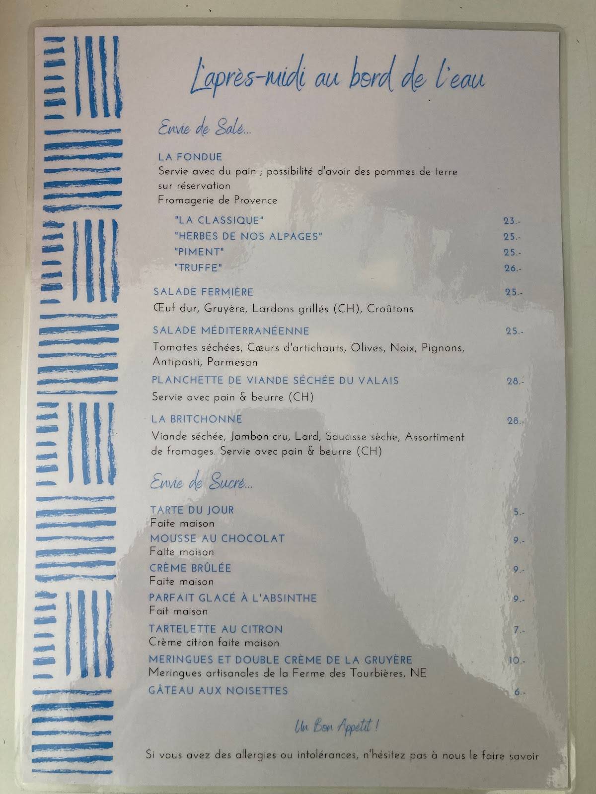 Menu au Plage de Boudry, Boudry, Rte du Lac 20