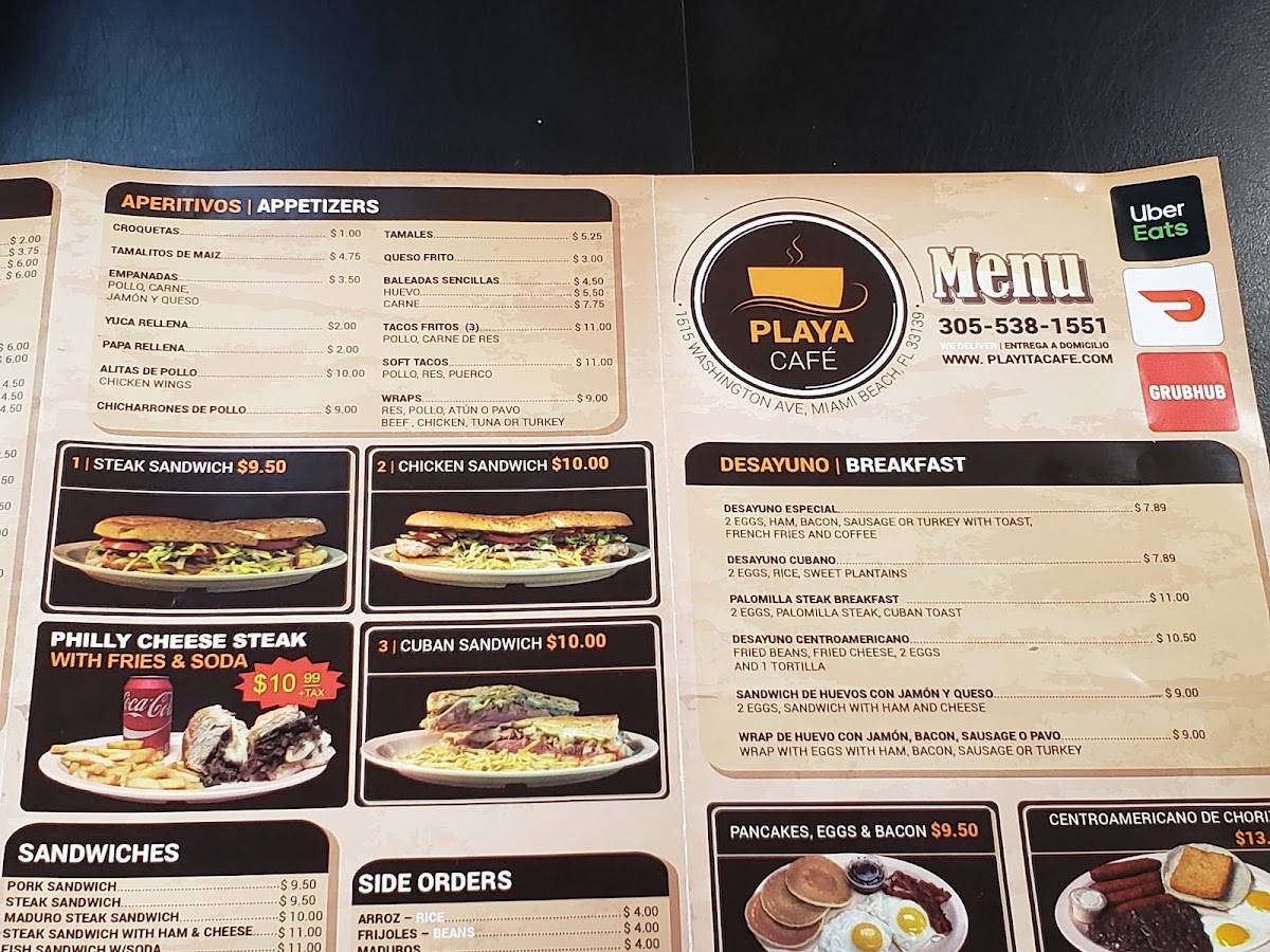 Menu at Playa Cafe, Miami Beach