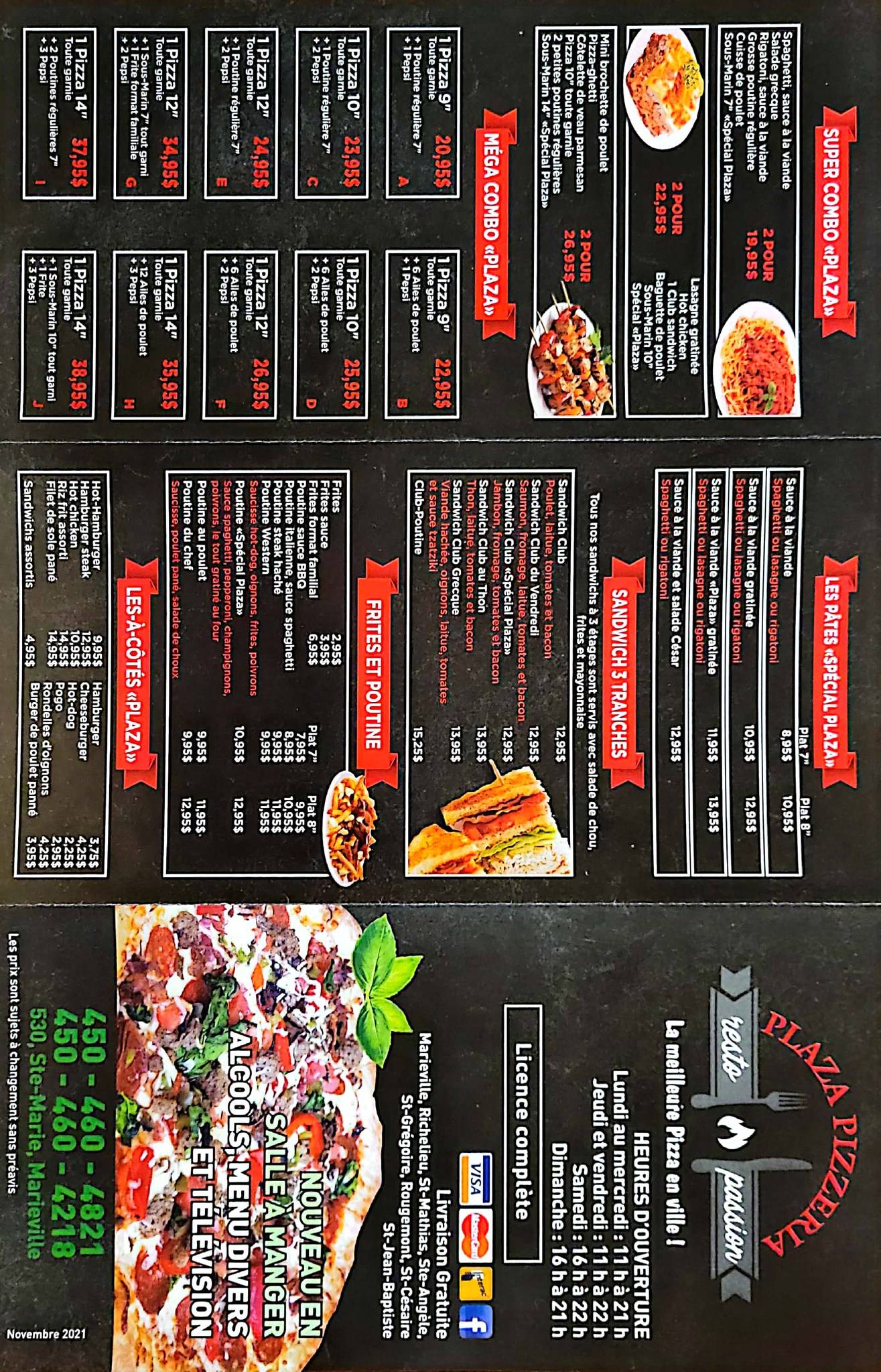 Menu au Plaza Pizzeria, Marieville