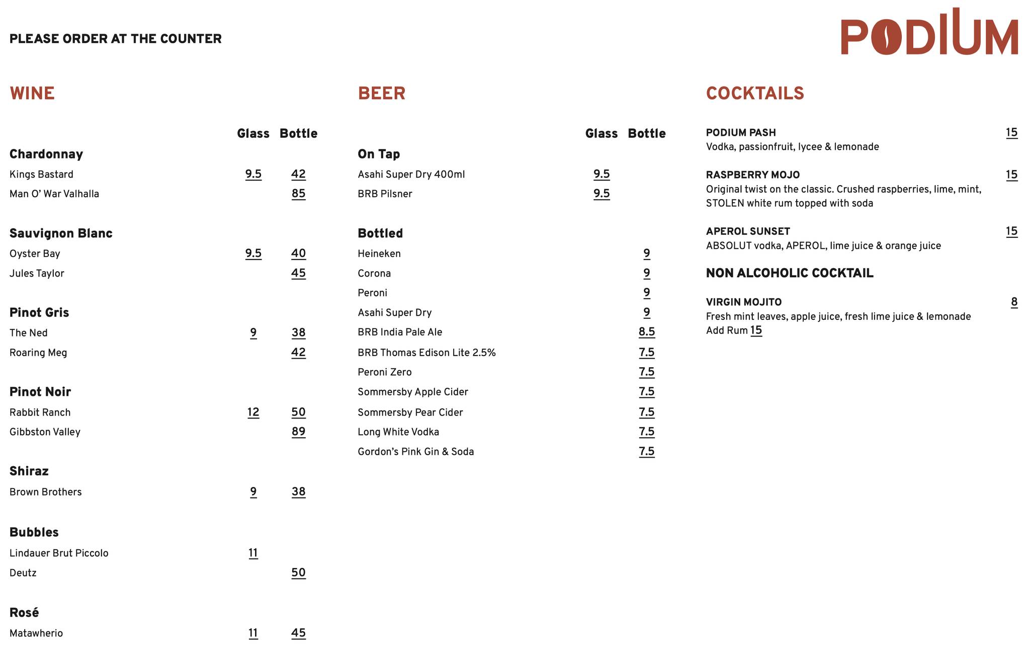Menu at Podium Cafe, Karapiro