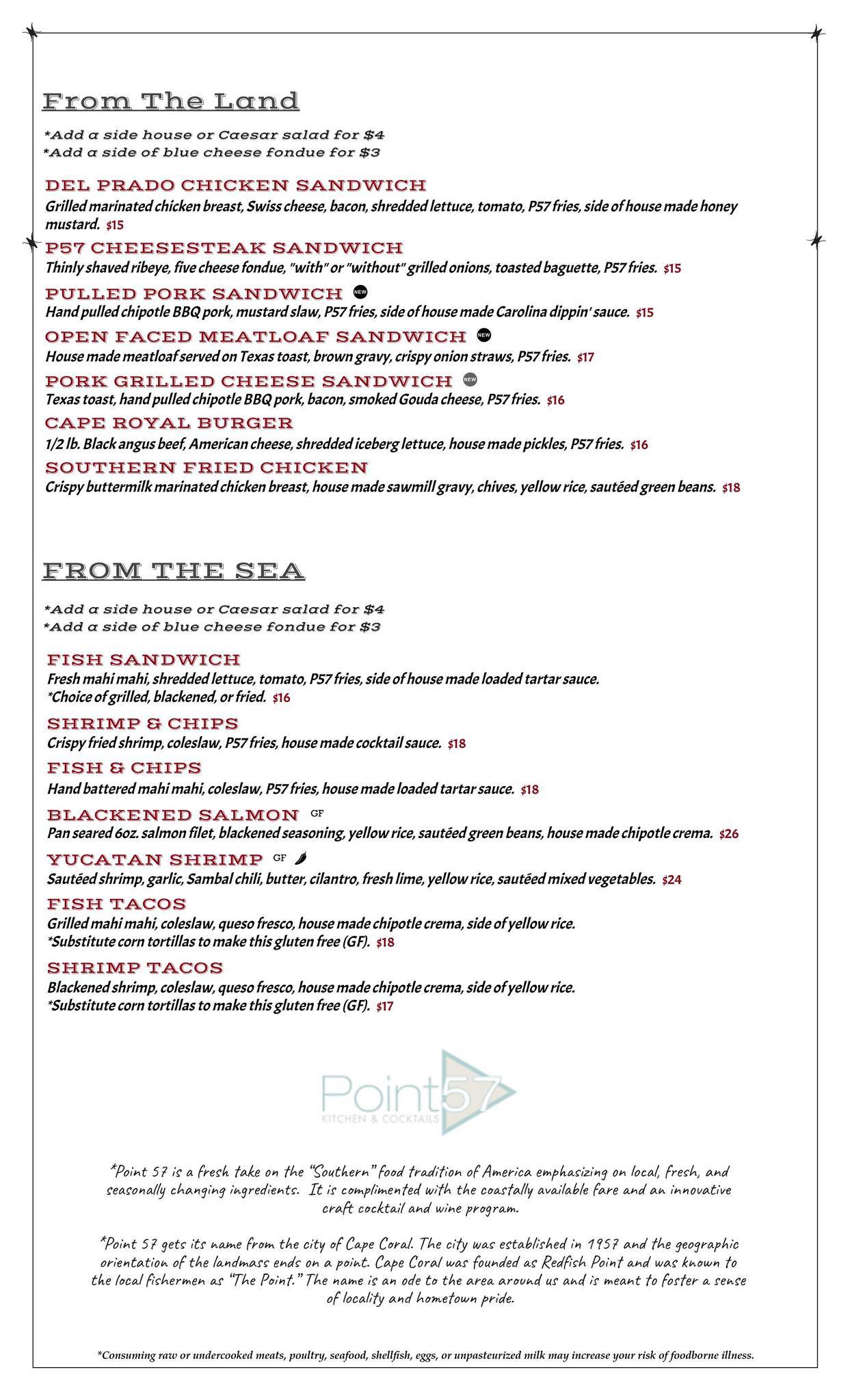 Menu at Point 57 Kitchen & Cocktails restaurant, Cape Coral