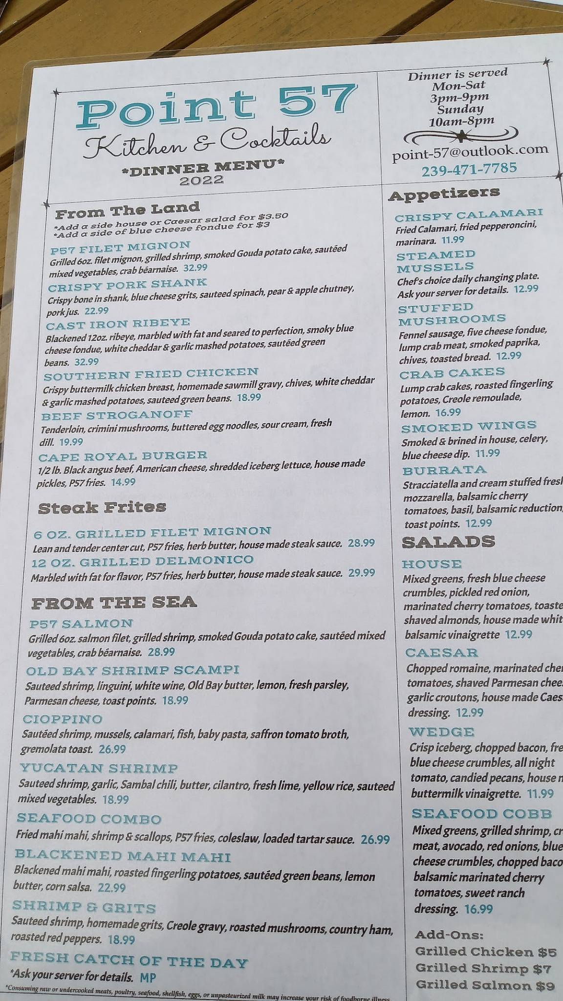 Menu at Point 57 Kitchen & Cocktails restaurant, Cape Coral