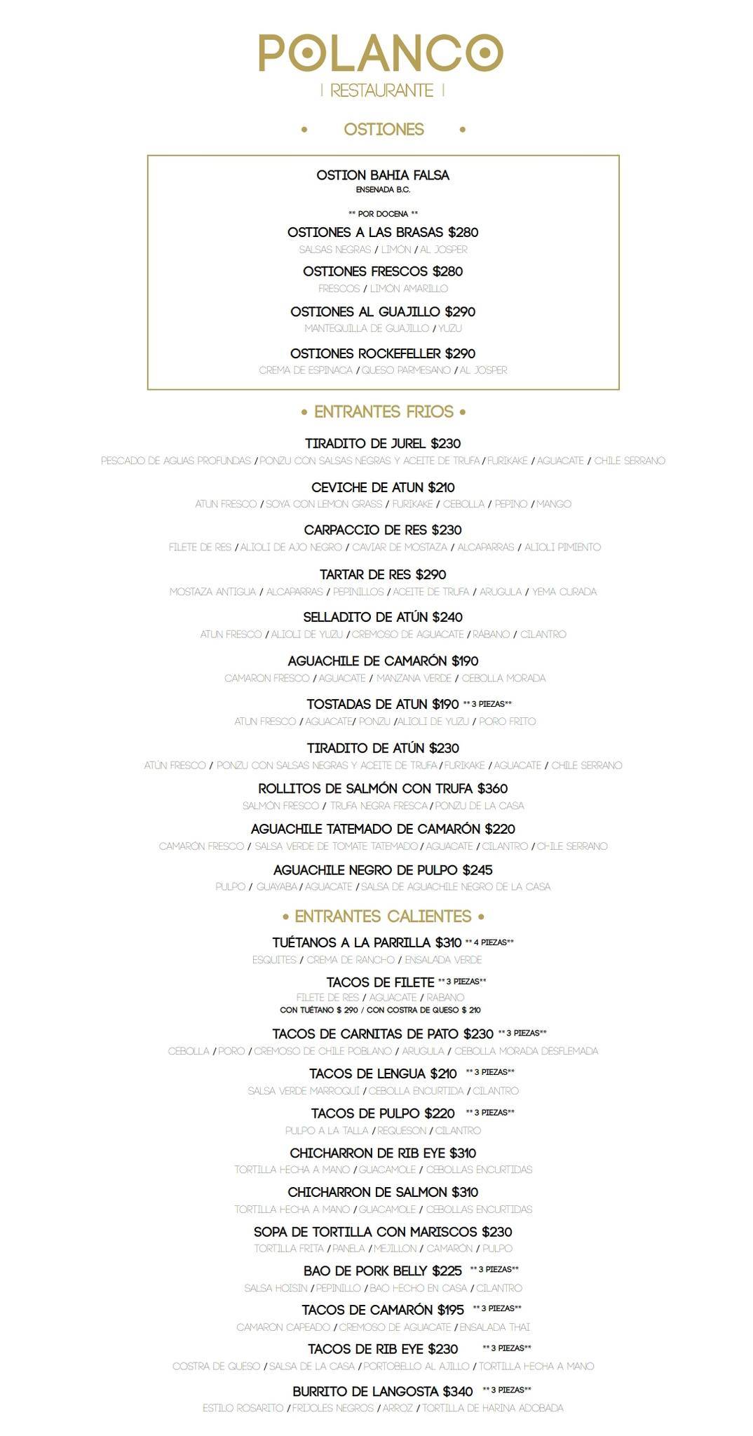 Carta del restaurante Polanco, Guadalajara, Av. México 3005