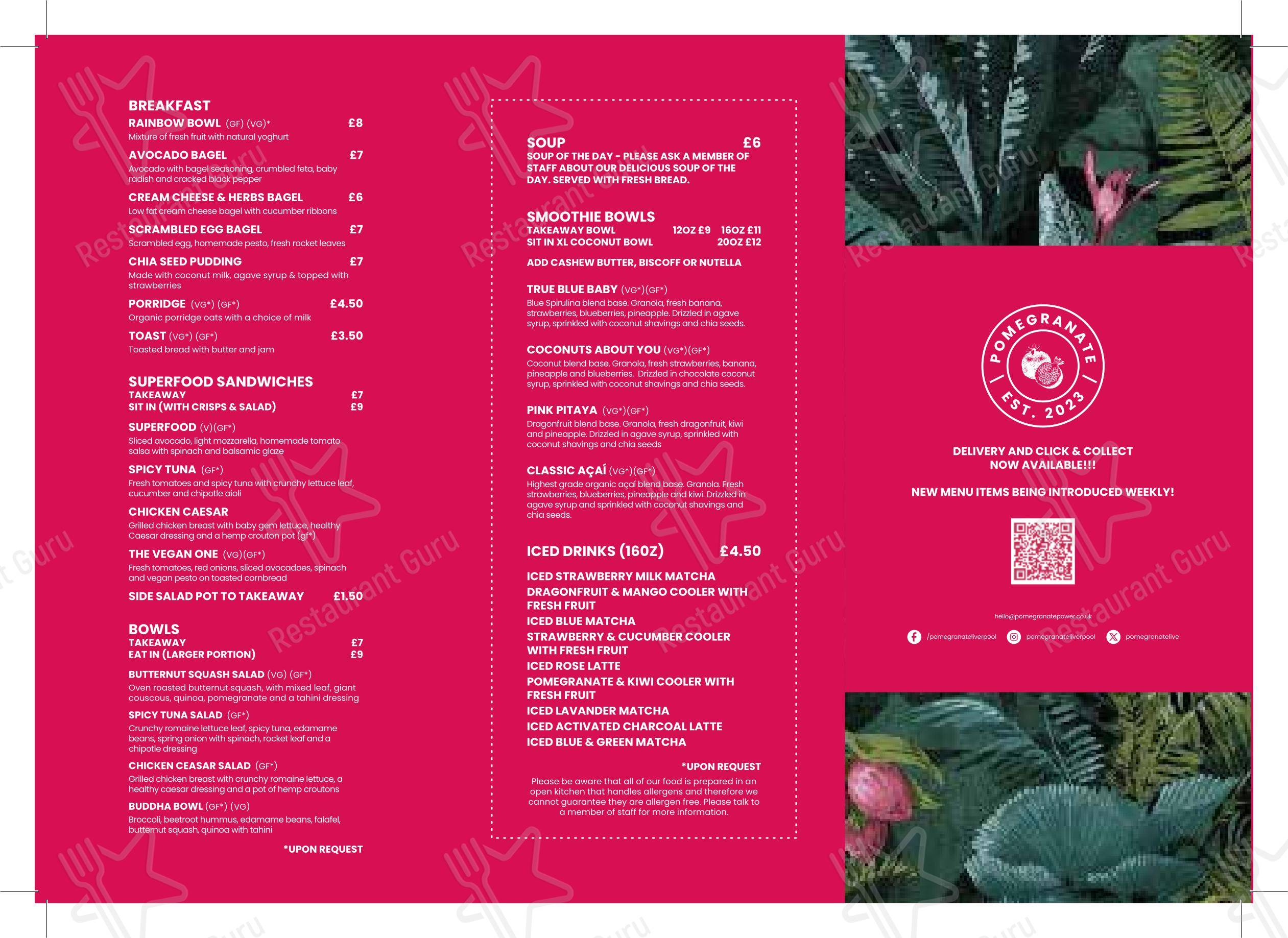 Carta del café Pomegranate, Liverpool