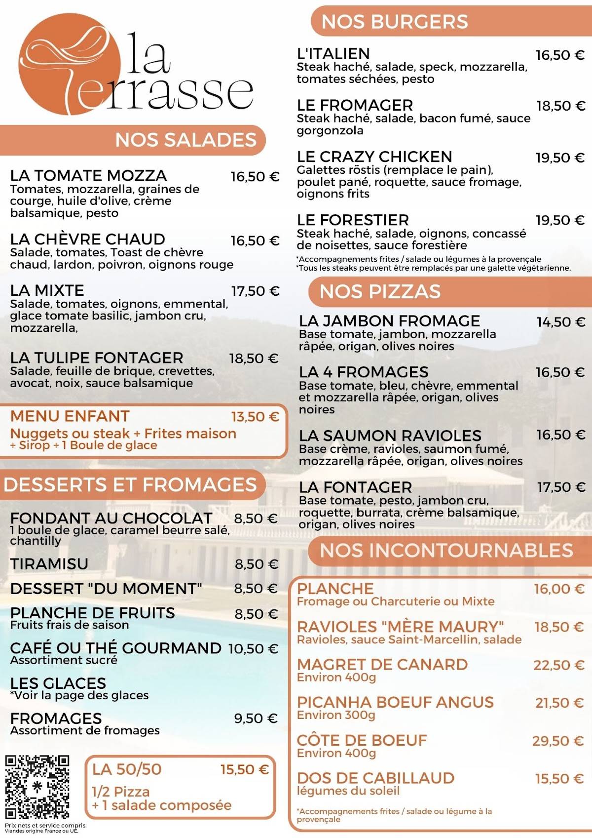 Menu au La Terrasse (Chateau de Fontager) restaurant, Serves-sur-Rhône