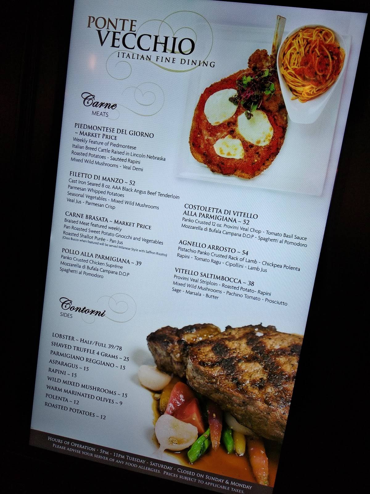 Menu at Ponte Vecchio restaurant, Niagara Falls