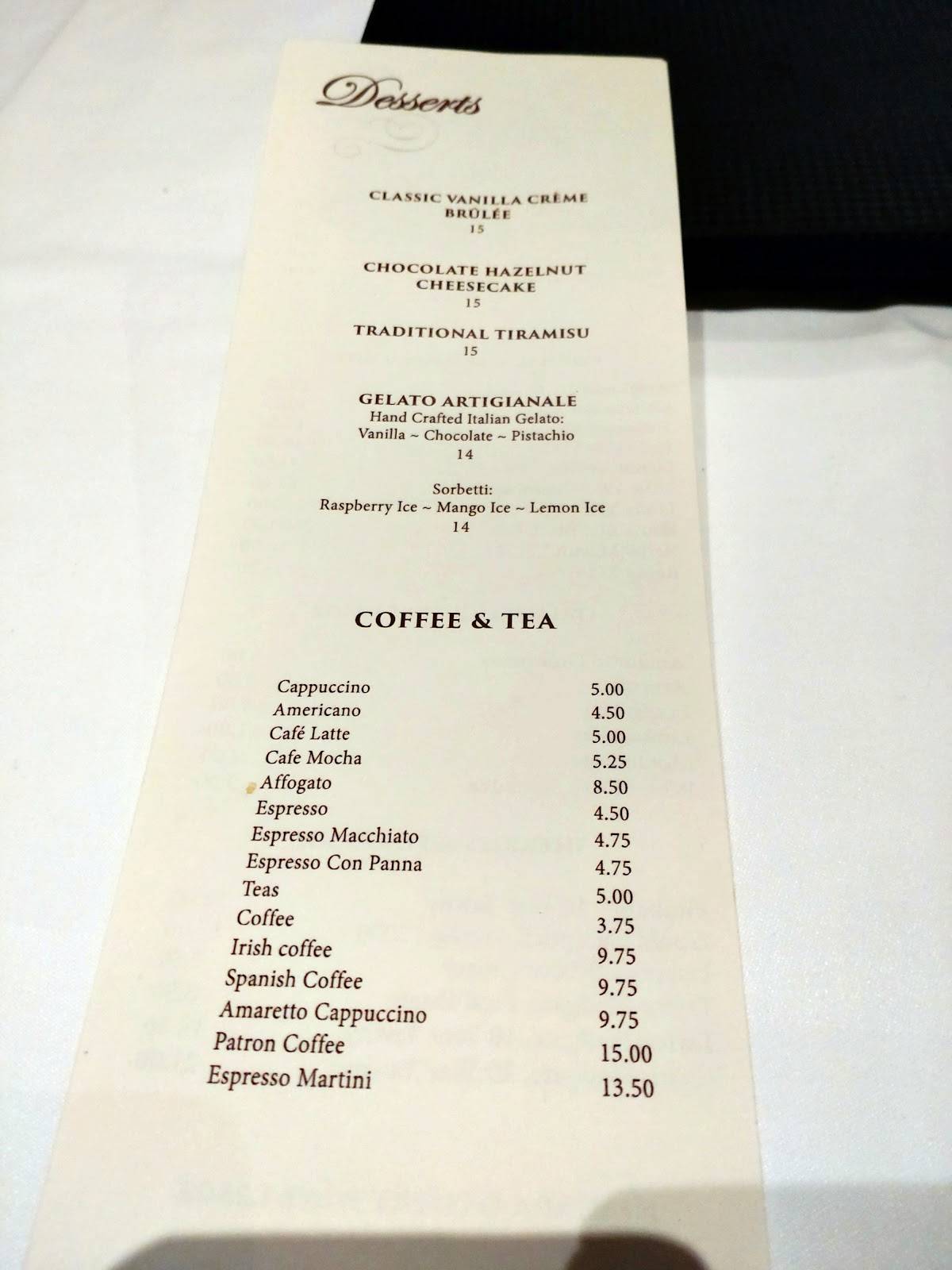 Menu at Ponte Vecchio restaurant, Niagara Falls