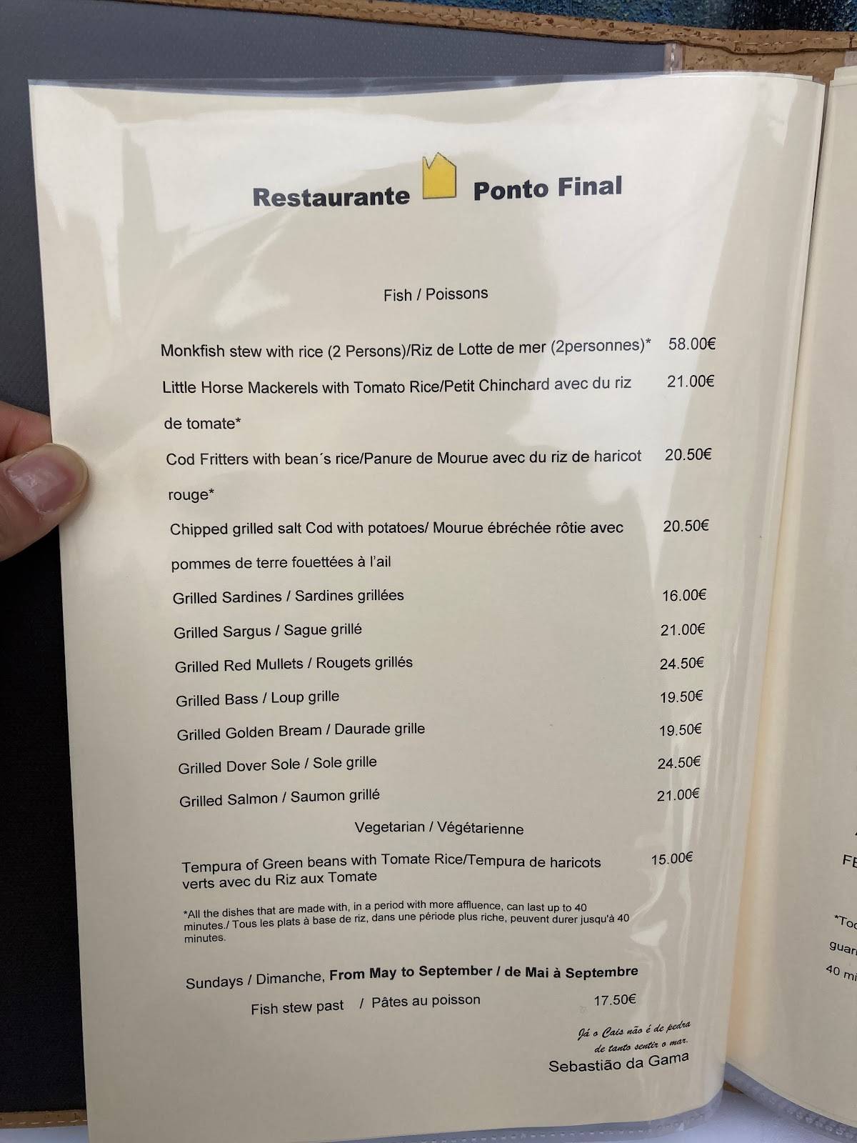 Menu at Restaurante Ponto Final, Almada