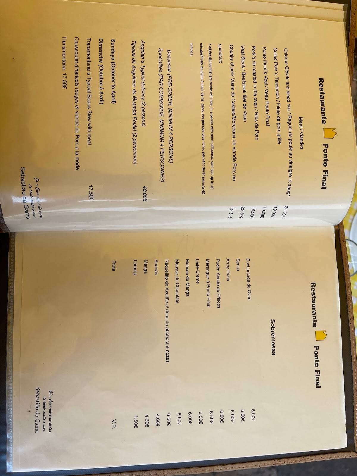 Menu at Restaurante Ponto Final, Almada