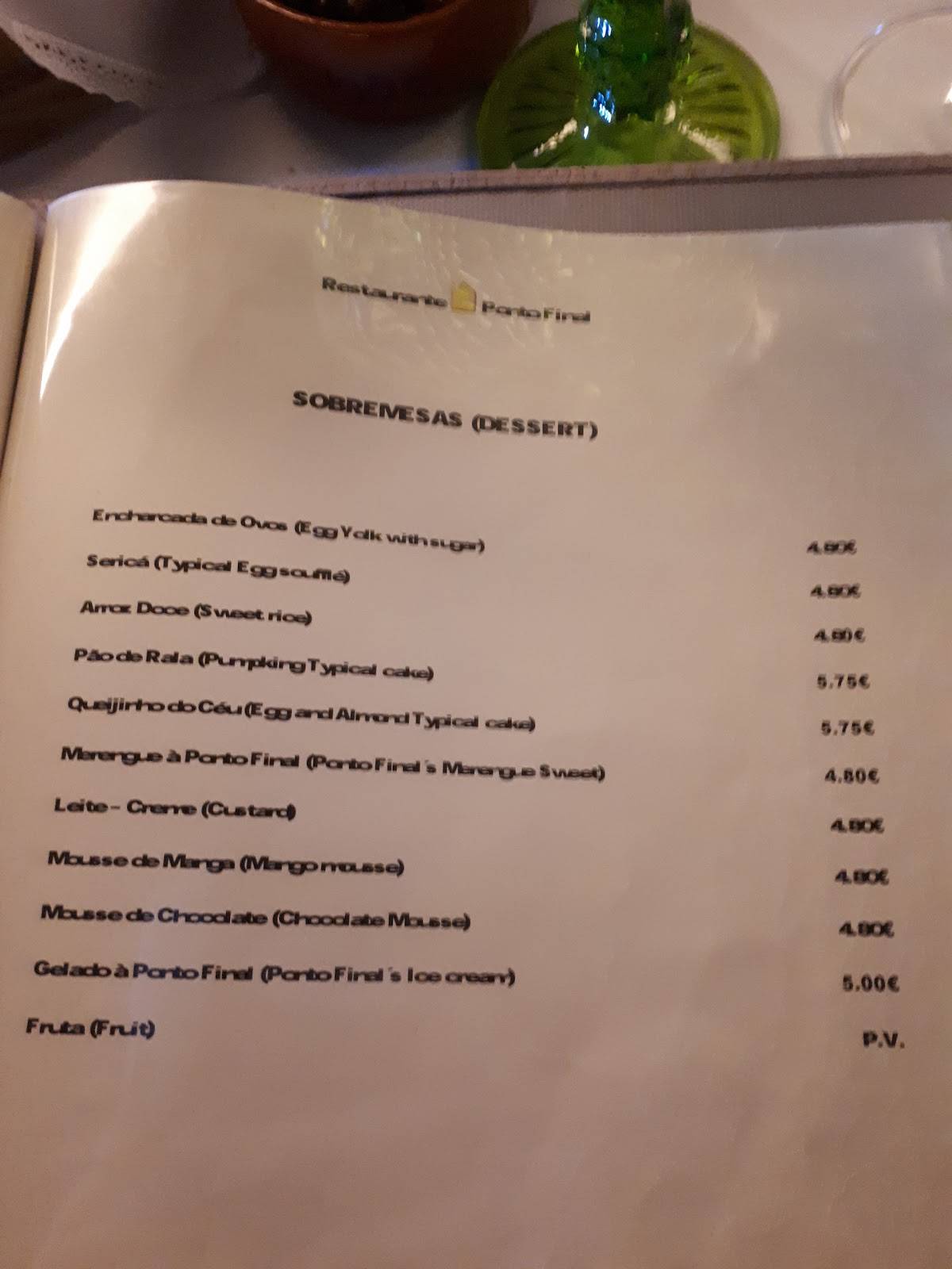 Menu at Restaurante Ponto Final, Almada