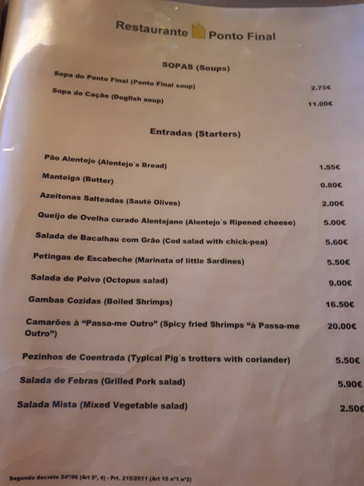 Menu at Restaurante Ponto Final, Almada