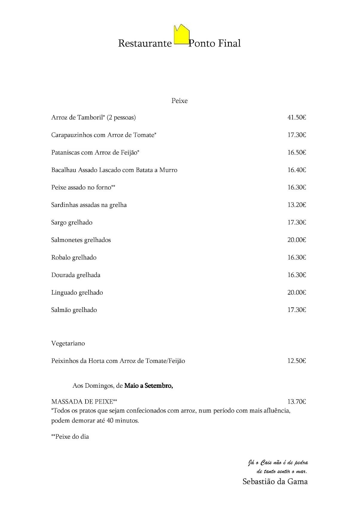 Menu at Restaurante Ponto Final, Almada