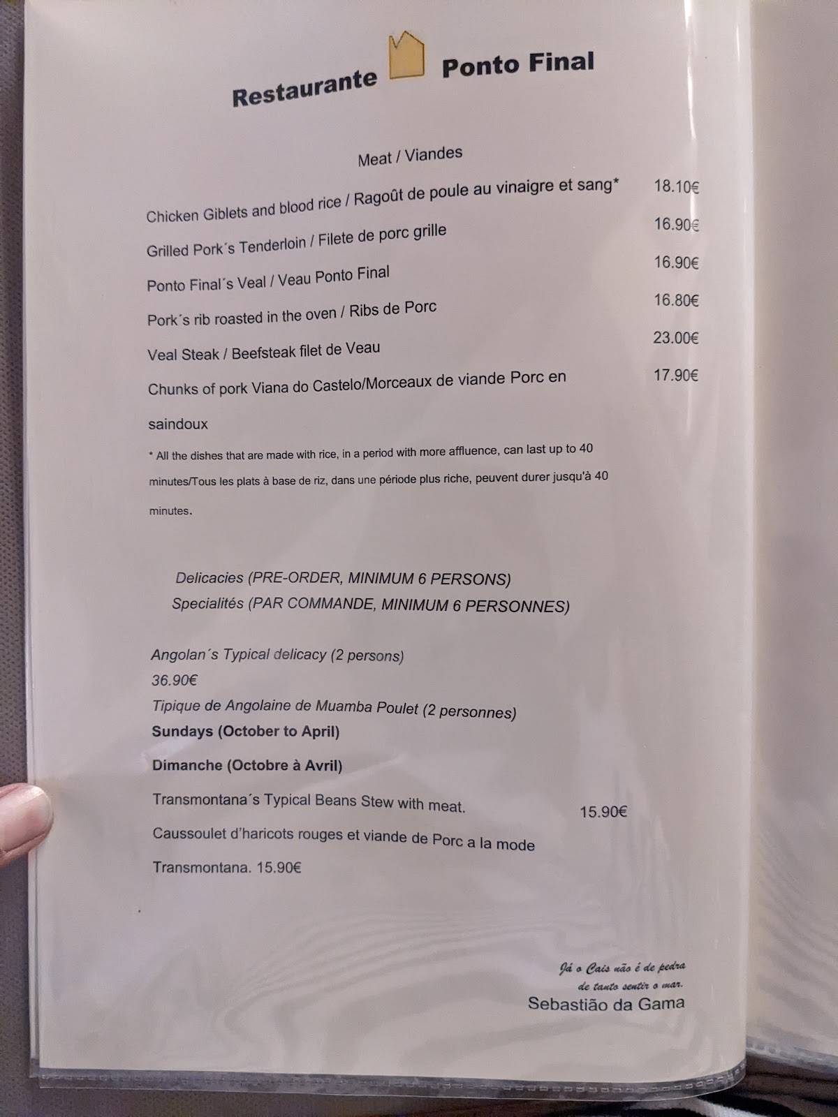 Menu at Restaurante Ponto Final, Almada