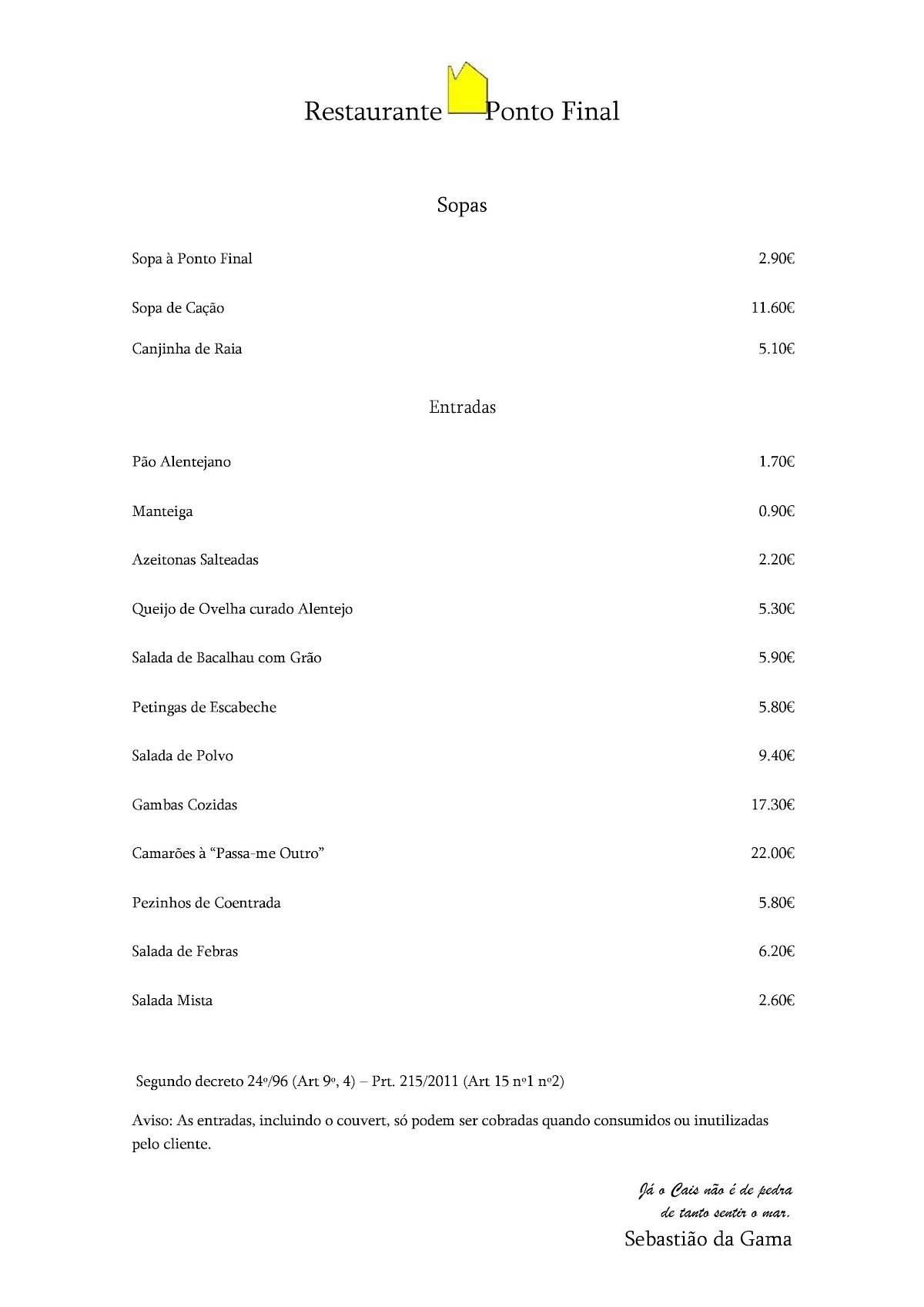 Menu at Restaurante Ponto Final, Almada