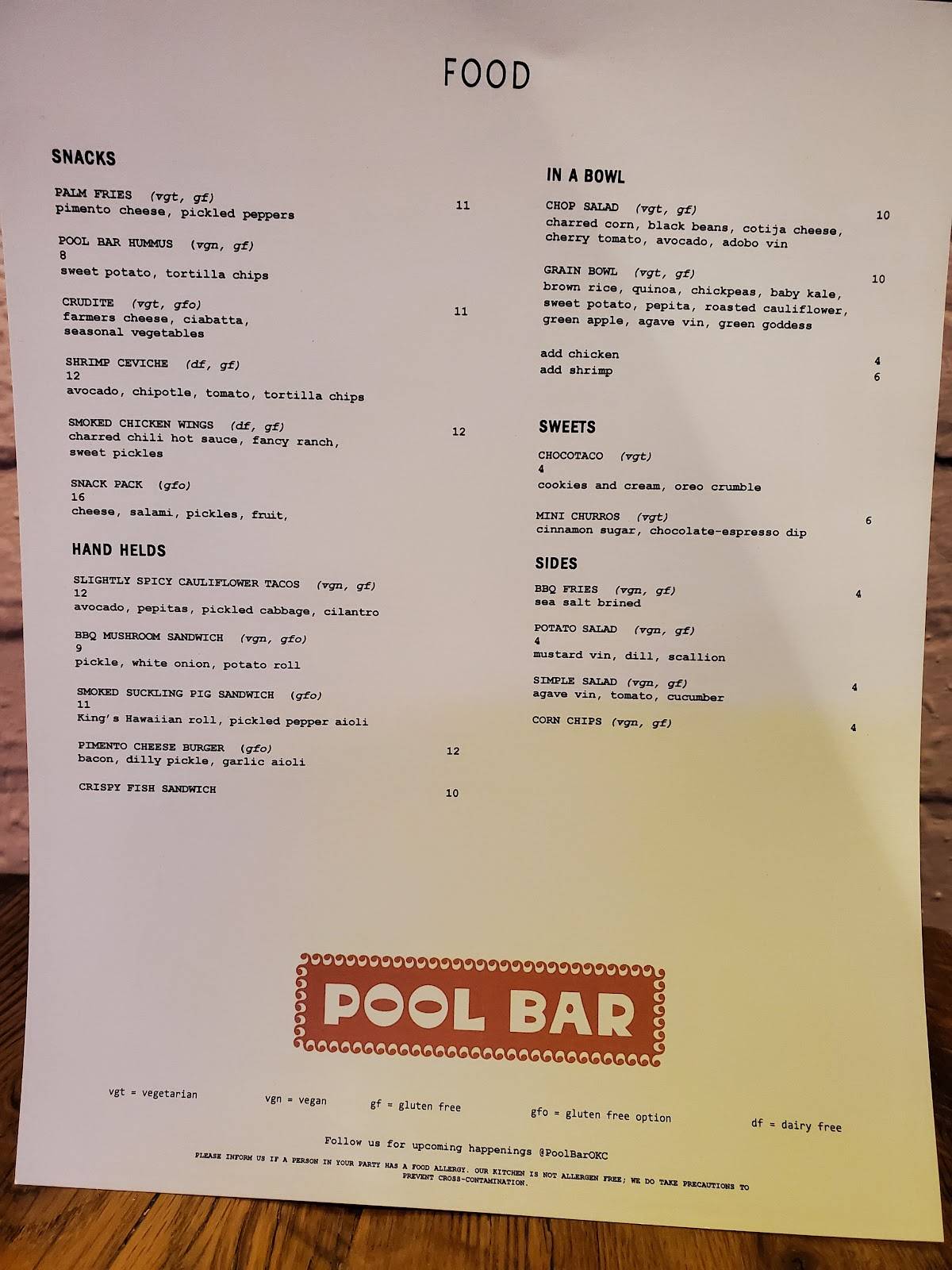 Carta de Pool Bar & Bodega, Oklahoma City
