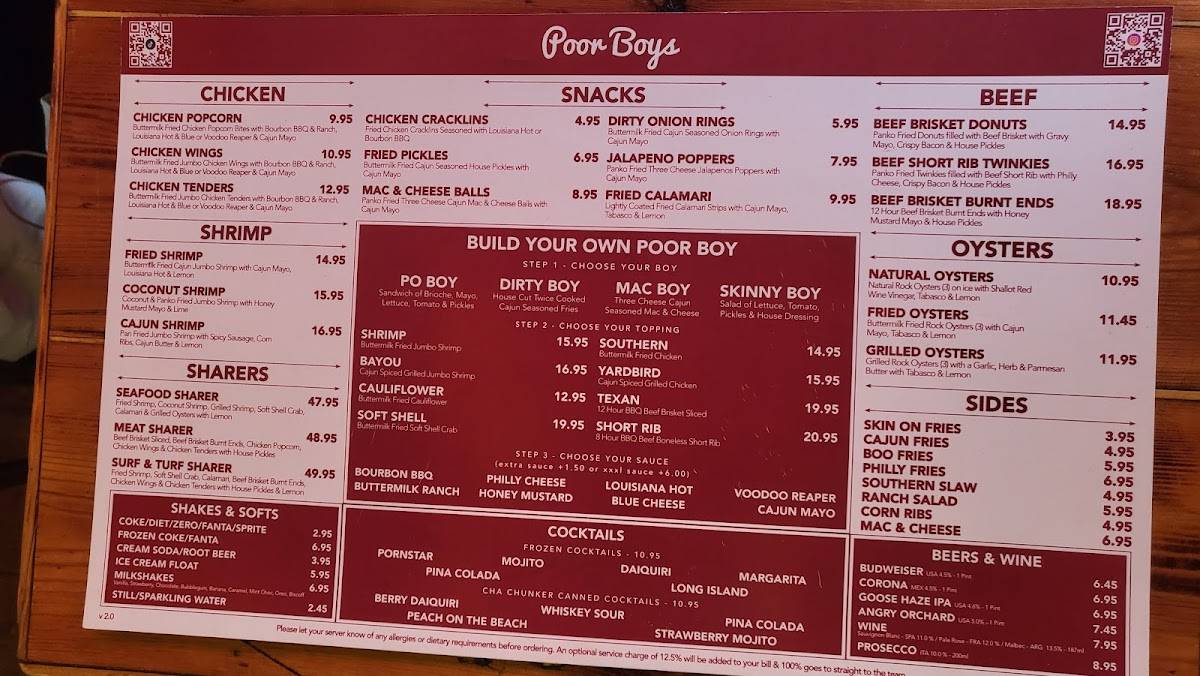 Menu at Poor Boys restaurant, Kingston upon Thames