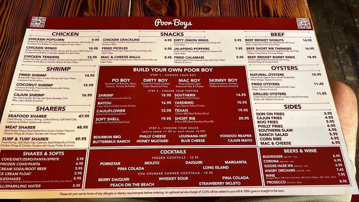 Menu at Poor Boys restaurant, Kingston upon Thames