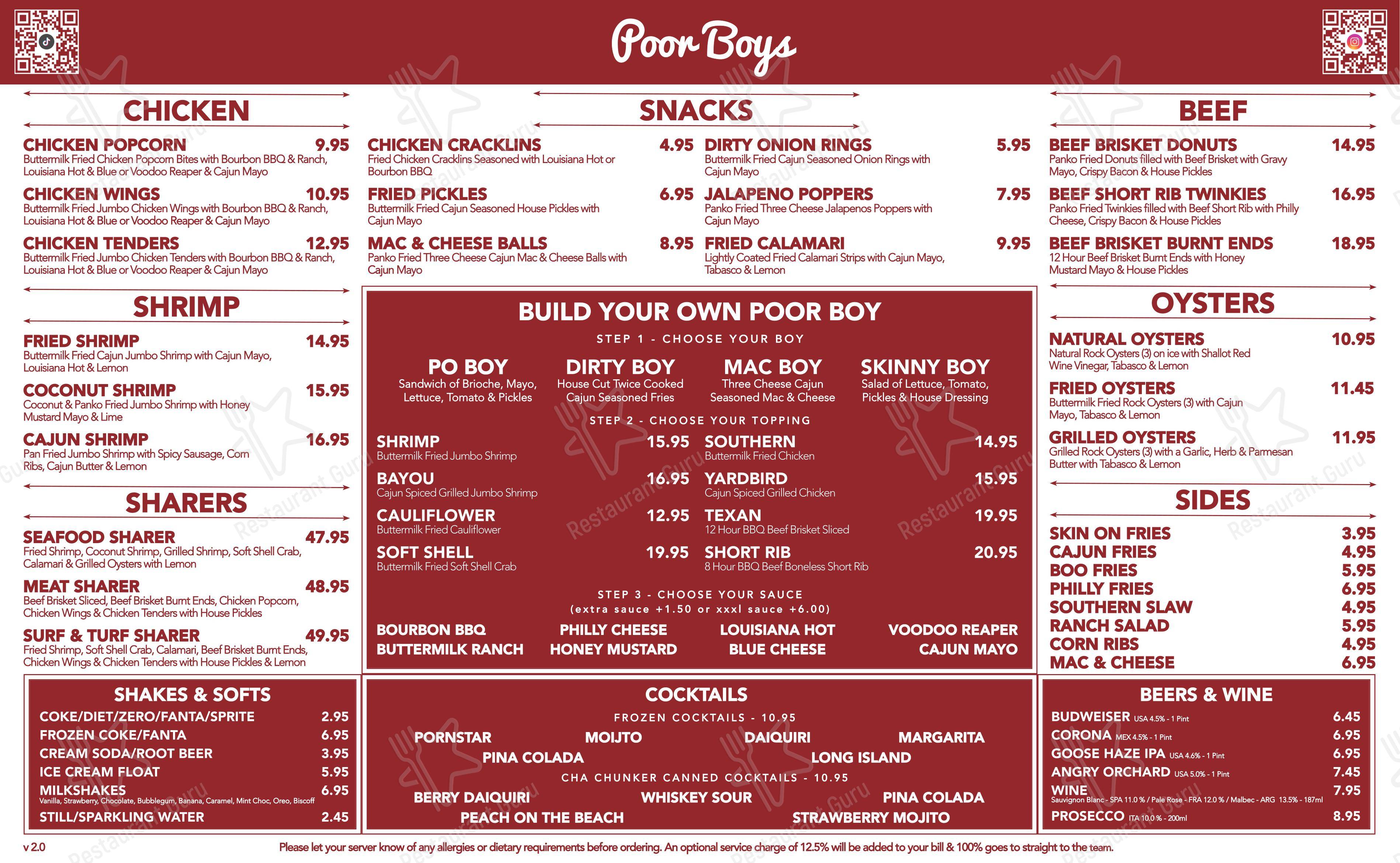 Menu at Poor Boys restaurant, Kingston upon Thames