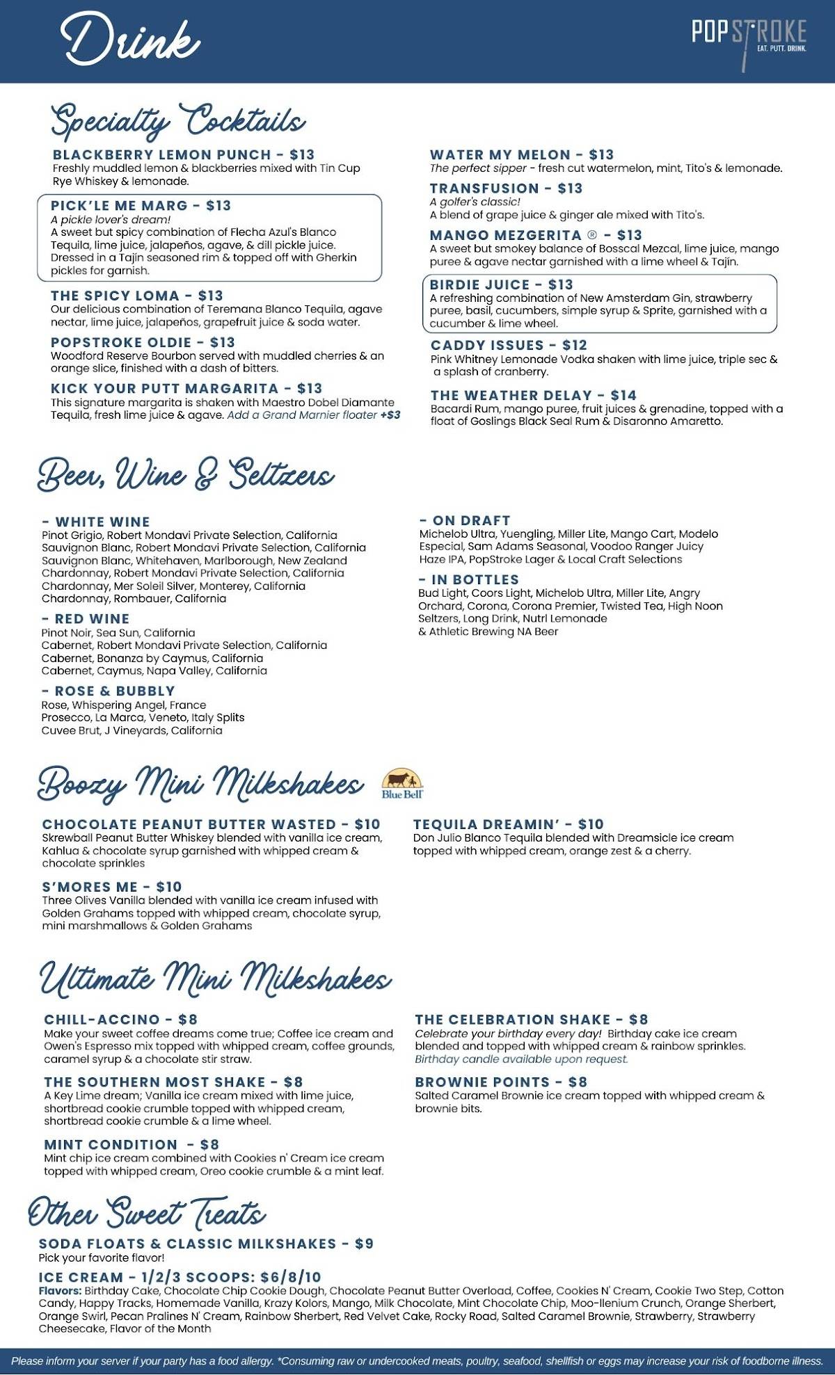 Menu at PopStroke, San Antonio