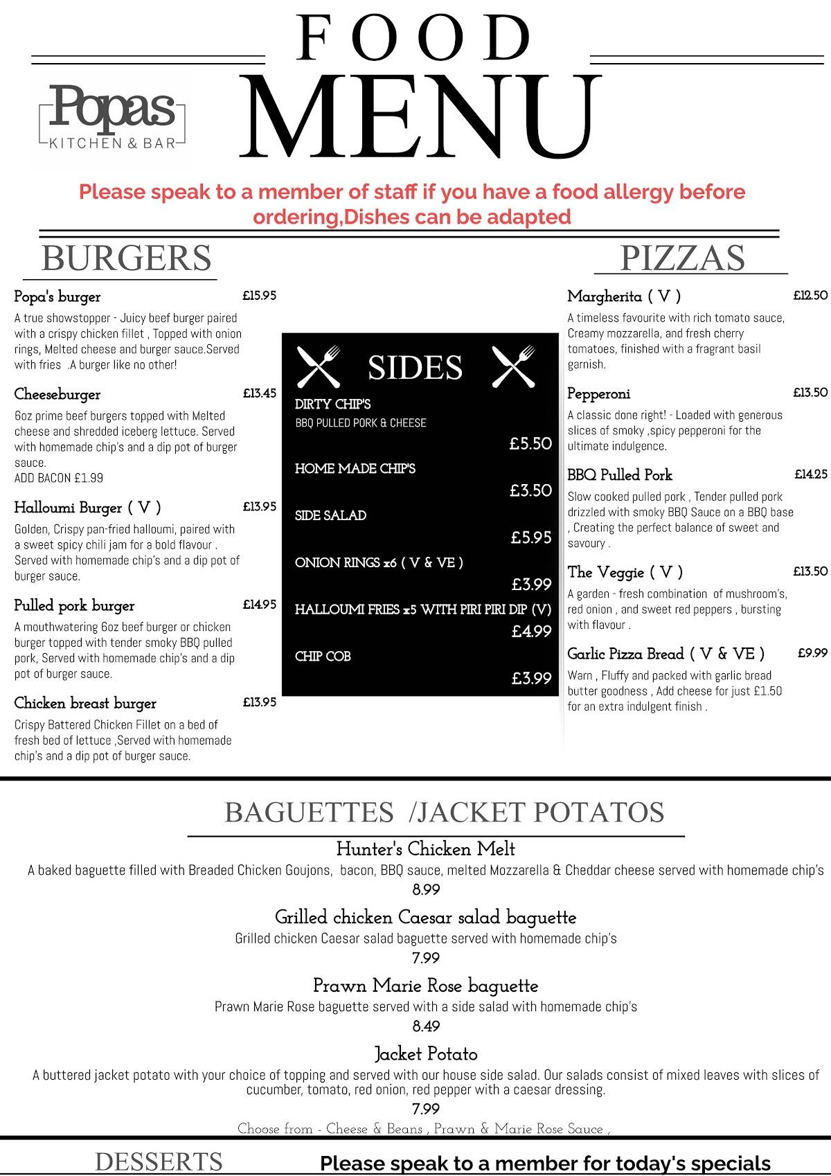 Menu at Popa's Kitchen and Bar, Anderby, Sea Rd