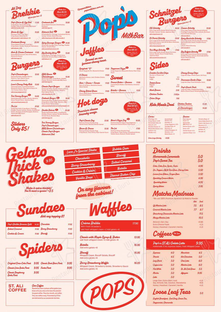Menu at Pop’s Milk Bar, Southport