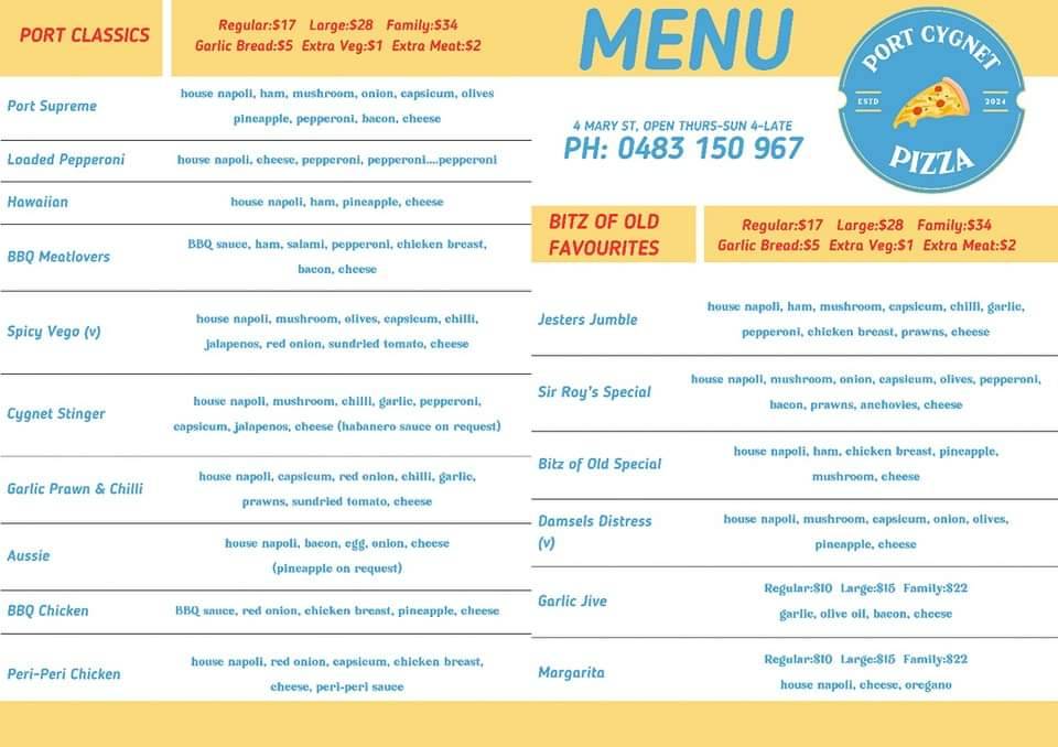 Carta del restaurante Port Cygnet Pizza, Cygnet