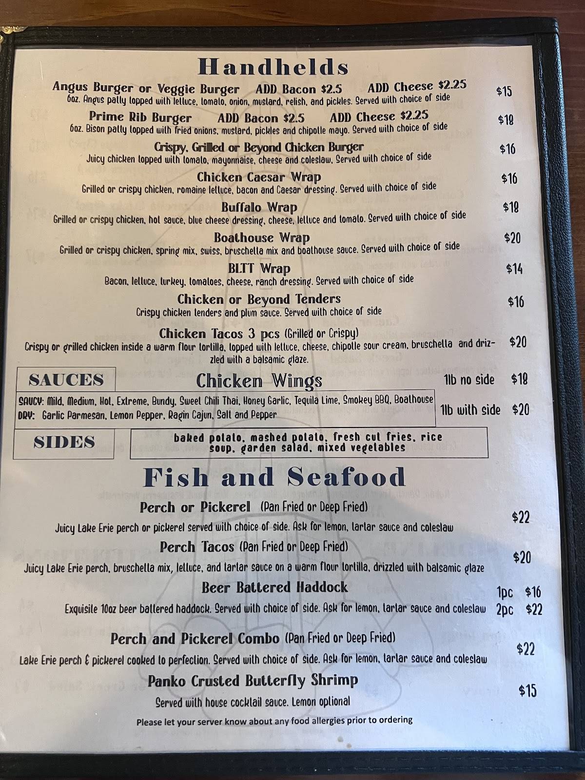 Menu at The Boat House Restaurant, Port Rowan