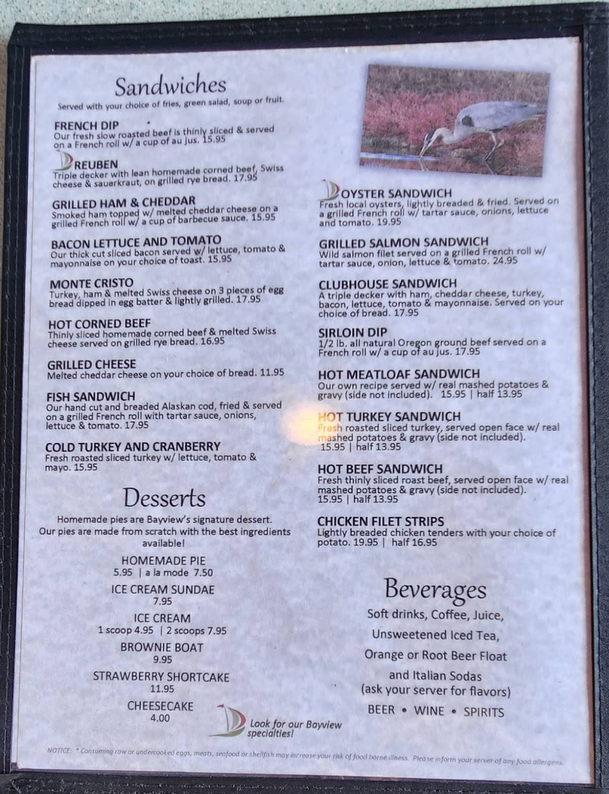 Menu at Bayview Restaurant, Port Townsend