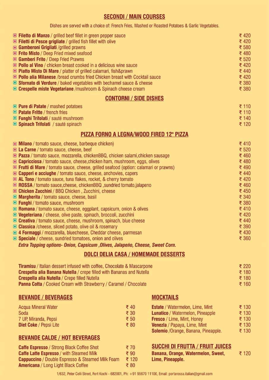 Menu at Porta Rossa, Kochi