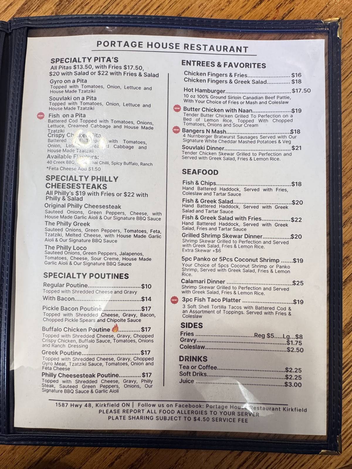 Menu at Portage House Restaurant Kirkfield. ON, Kawartha Lakes