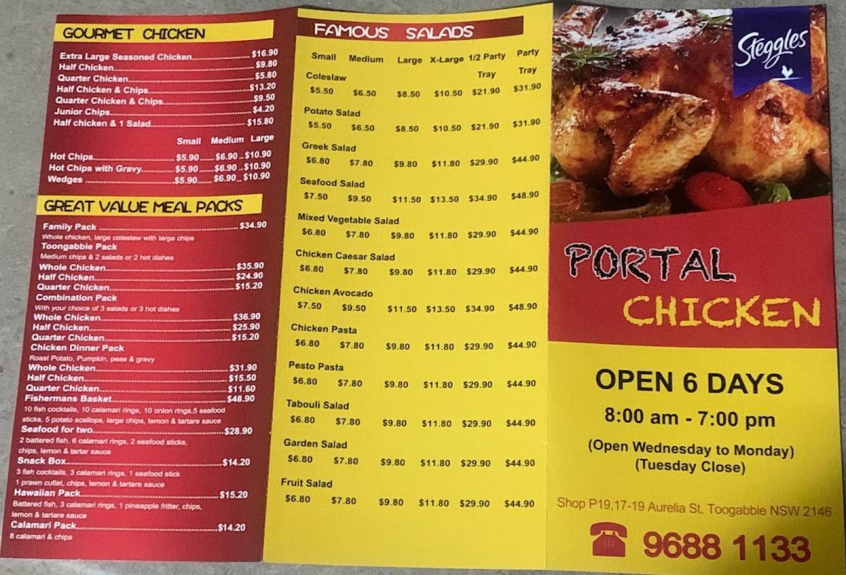 Menu at Portal Chicken restaurant, Toongabbie
