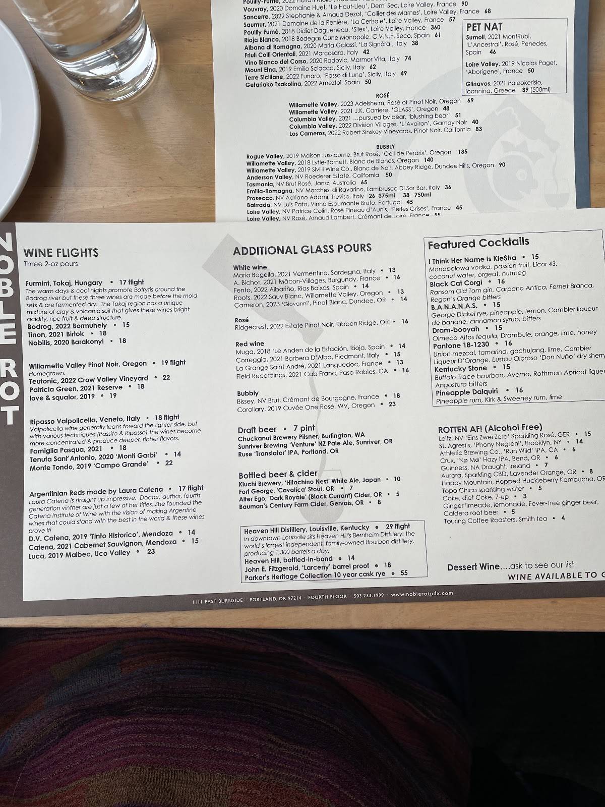 Carta del pub y bar Noble Rot, Portland, E Burnside St Fourth Floor