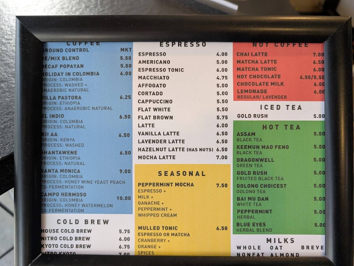 Menu at Portola Coffee Roasters cafe, Costa Mesa