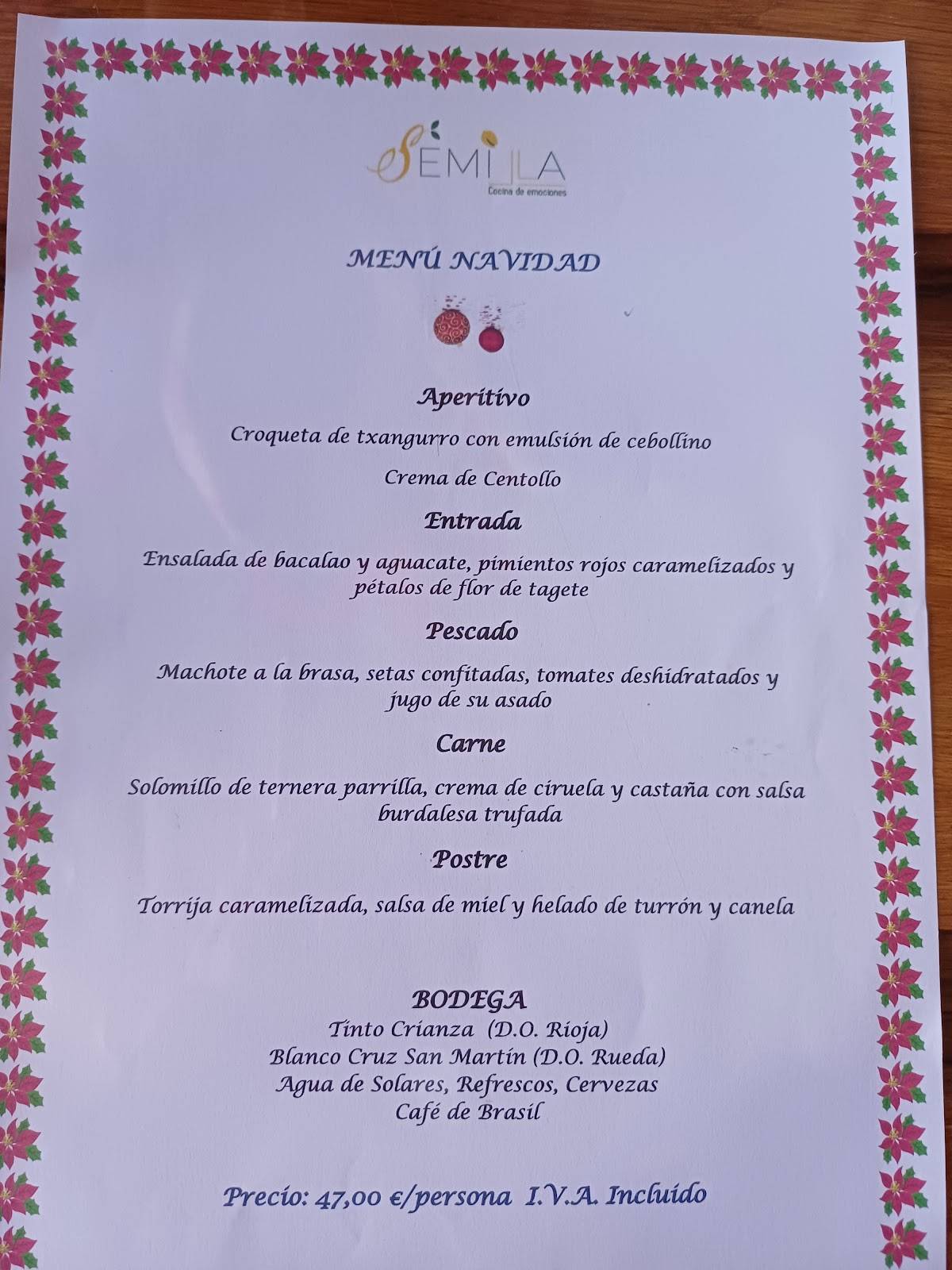Carta de Posada Restaurante Semilla, Santa María de Cayón