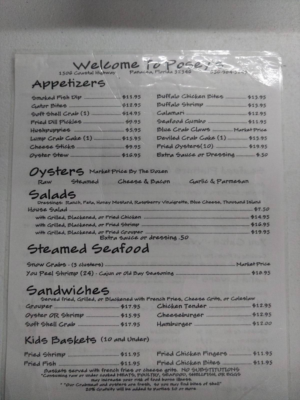 Menu at Posey's Up the Creek Steam Room restaurant, Panacea