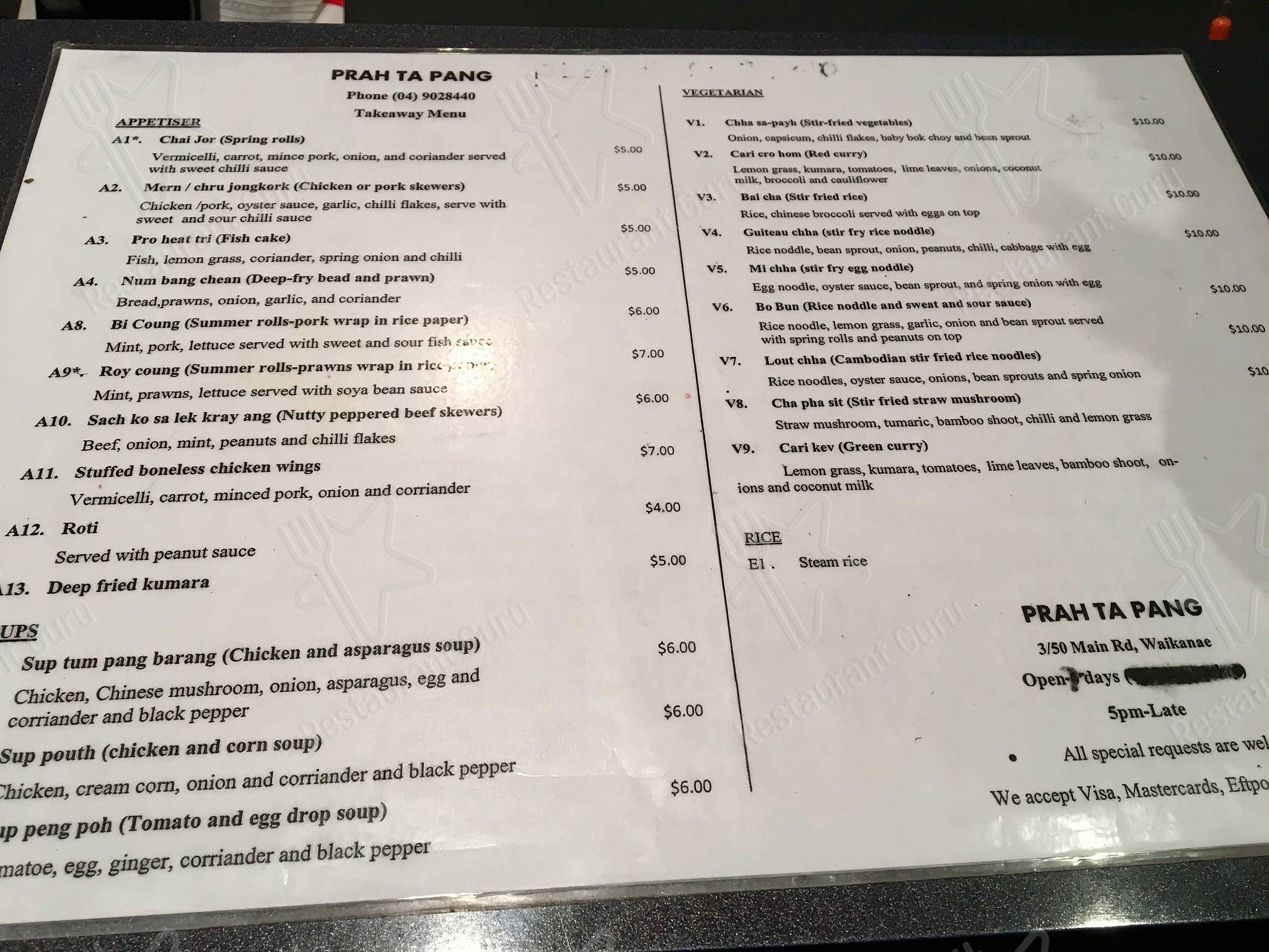 Menu at Prah Ta Pang Restaurant, Waikanae