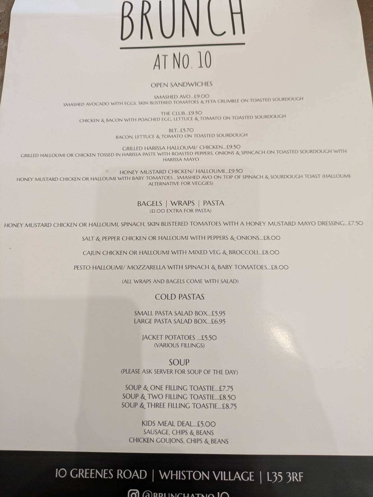 Menu at Brunch at No 10 cafe, Prescot, 10 Greenes Rd