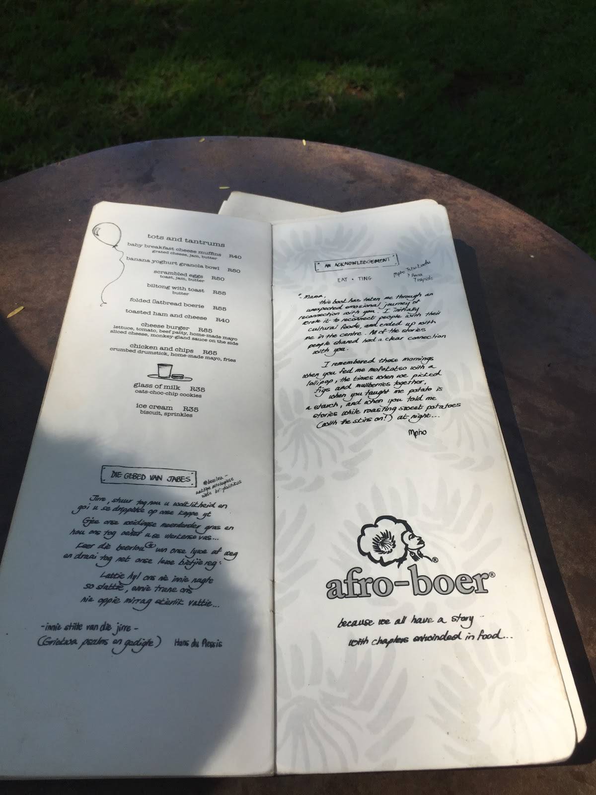 Menu at Afro-Boer cafe, Pretoria