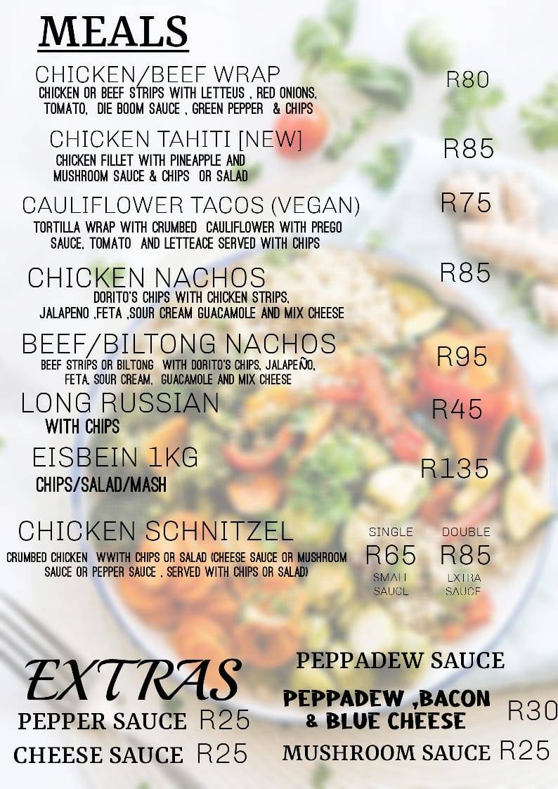 Menu at Die Boom restaurant, Pretoria