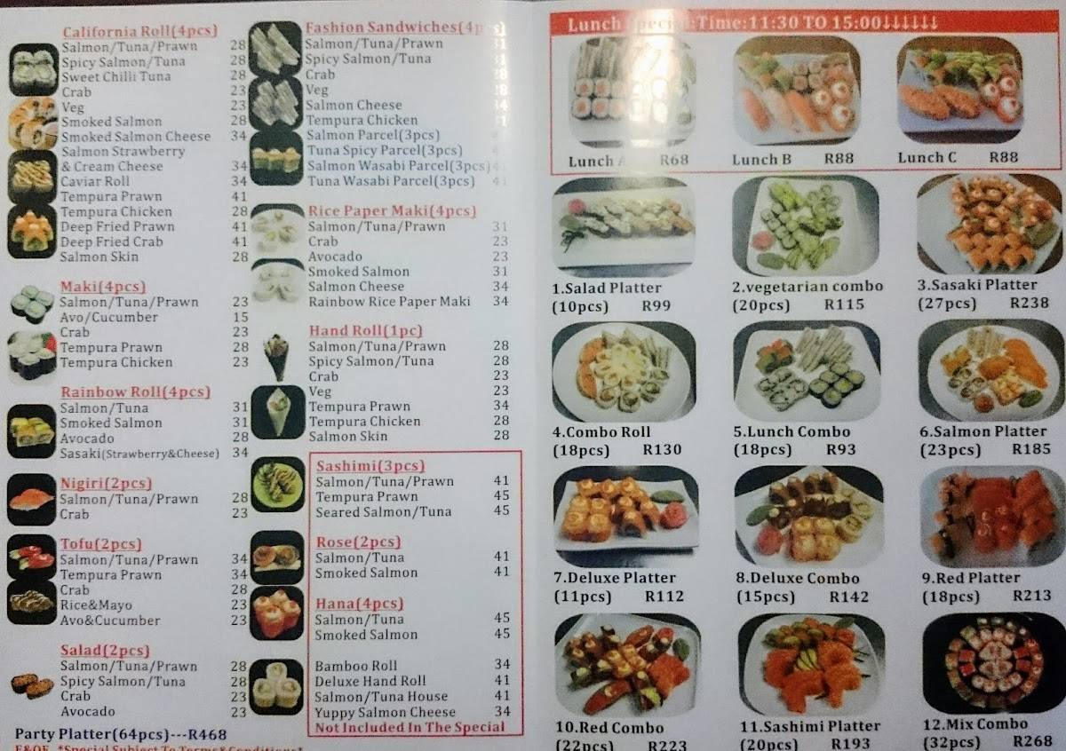 Menu at Sasaki Sushi restaurant, Pretoria, Atterbury Rd