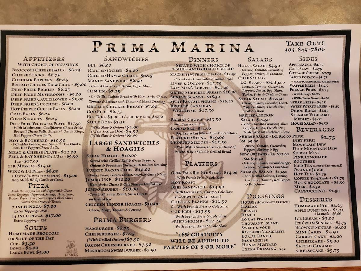 Menu at Prima Marina Incorporated restaurant, Moundsville