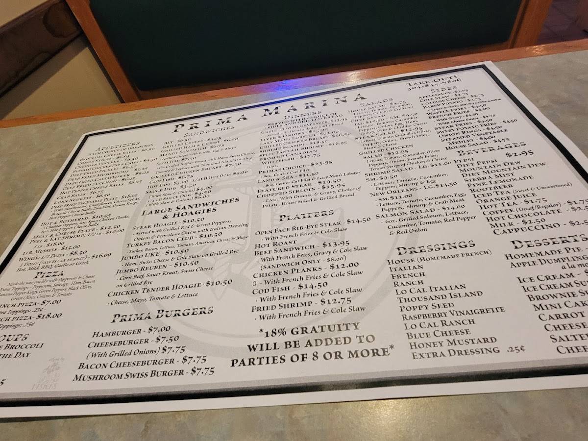 Menu at Prima Marina Incorporated restaurant, Moundsville
