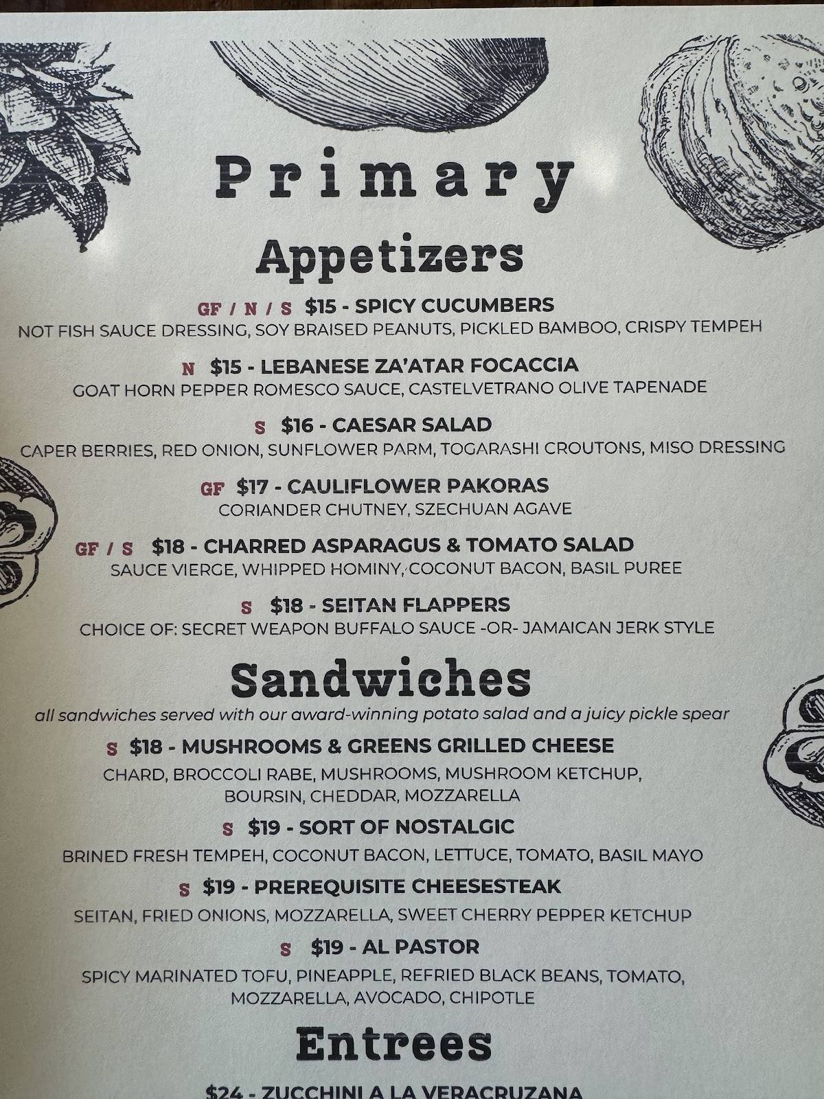 Carta del restaurante Primary Plant Based, Filadelfia, 161 W Girard Ave
